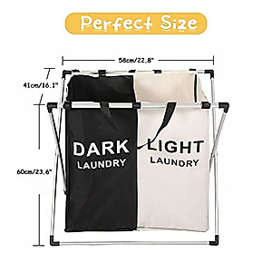 Laundry Basket, 136L Laundry Hamper 2 Section Clothes Laundry Bin Sorter, Waterproof Foldable Washing Storage Bags for Dirty Clothes, Toys, Towel in Bathroom Bedroom Organization (White+Black)