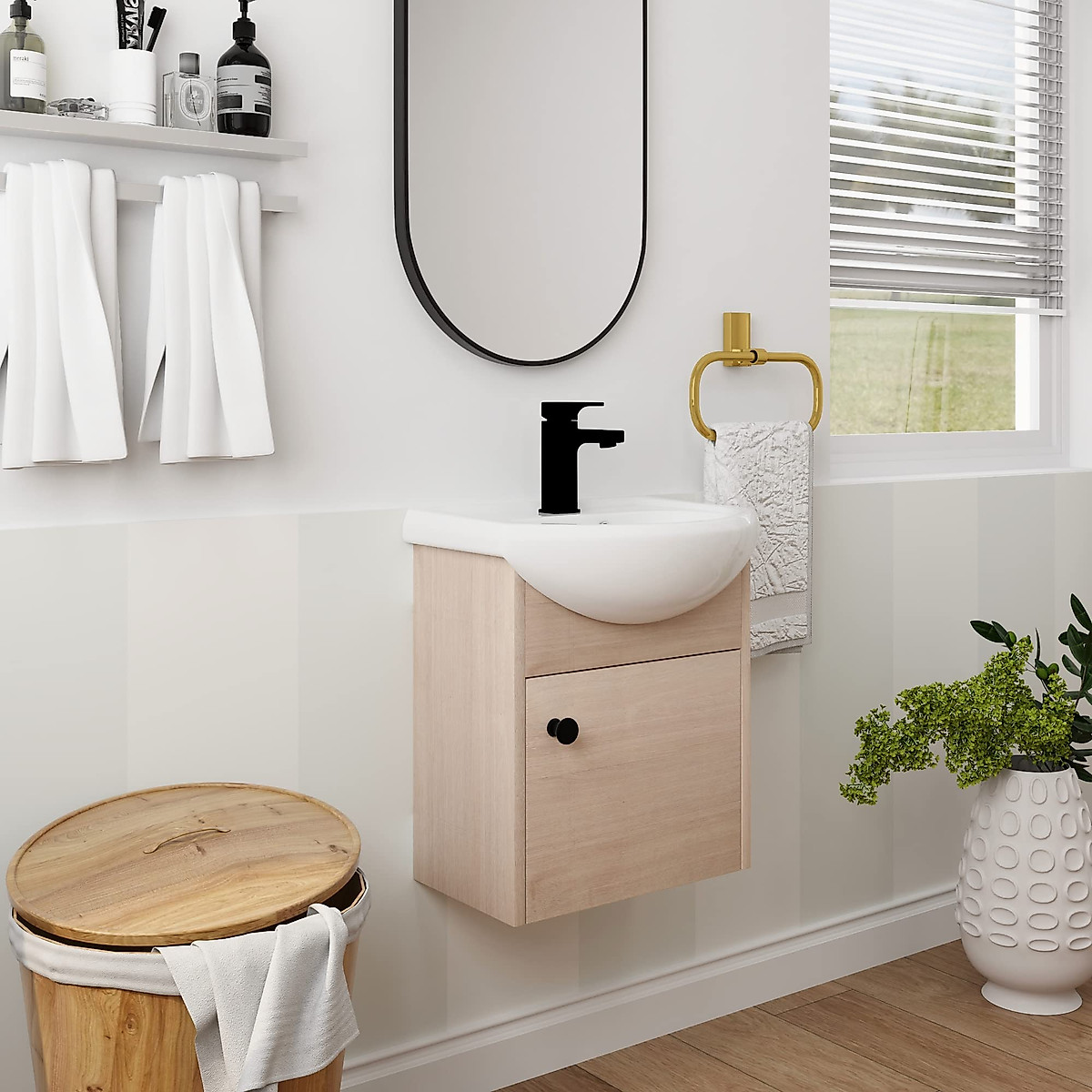 Pvillez Modern Bathroom Vanity with Sink Combo 18 inch Small Bathroom Vanity Set with Top Basin & Storage Cabinet Wood Wall Mounted Light Oak Bath Cabinet with Glossy Ceramic Sink for Small Space