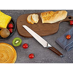 WELLSTAR Bread Knife, 8 Inch Serrated Bread Loaf Slicing Knife with Razor Sharp High Carbon German Stainless Steel Forged Blade and Natural Rosewood Handle in Gift Box, V-Style Series