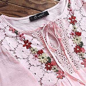 Aniywn Women Round Neck Lace Up Lace Patchwork Flare Pullover Top Casual Plus Size 3/4 Sleeve Floral Printed T-Shirt Pink