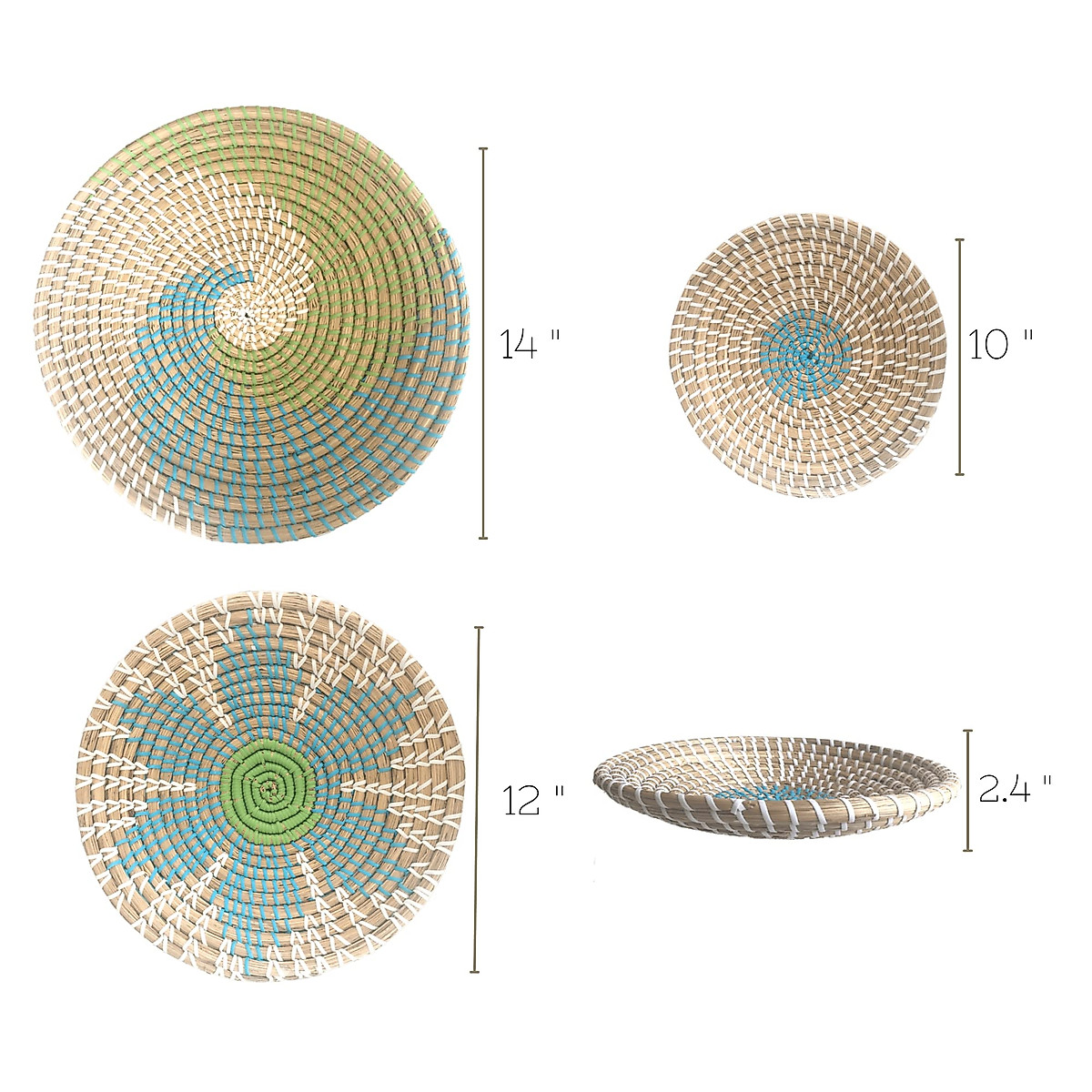 GoGift Wall Basket Decor - Wicker Coastal For Home Baskets Hanging Woven Boho Beach Rattan Seagrass Set of 3 Beige Teal Blue and Light Green