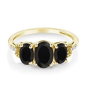 Gem Stone King 10K Yellow Gold Oval Black Onyx and Diamond Accent Engagement Ring For Women (1.52 Cttw, Gemstone Birthstone, Available In Size 5, 6, 7, 8, 9)