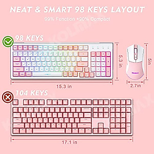 CK98 Wireless Gaming Keyboard and Mouse Combo,Rechargeable RGB White Gaming Keyboard RGB Backlit 98 Keys Mechanical Feeling Dual Color Keyboard and Gaming Mouse 3200DPI for PC Mac Gamers(WhitePink)