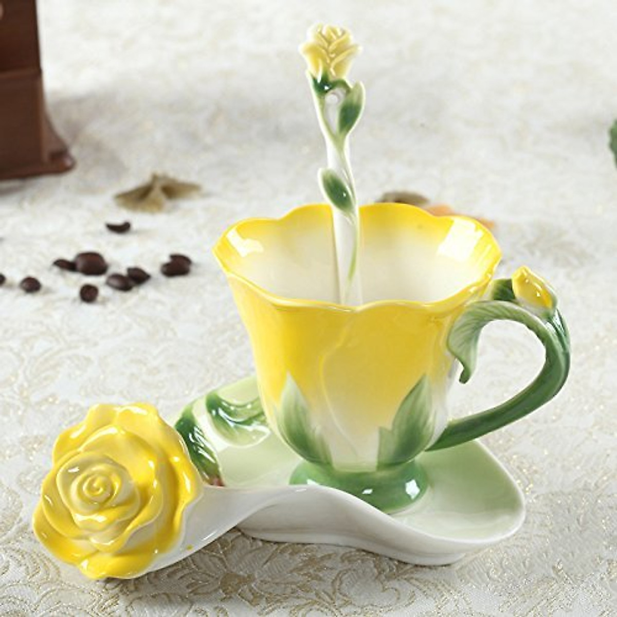 YBK Tech Creative 3D Rose Bone China Ceramic Coffee Mugs Afternoon Tea Cup and Saucer Set (Yellow)