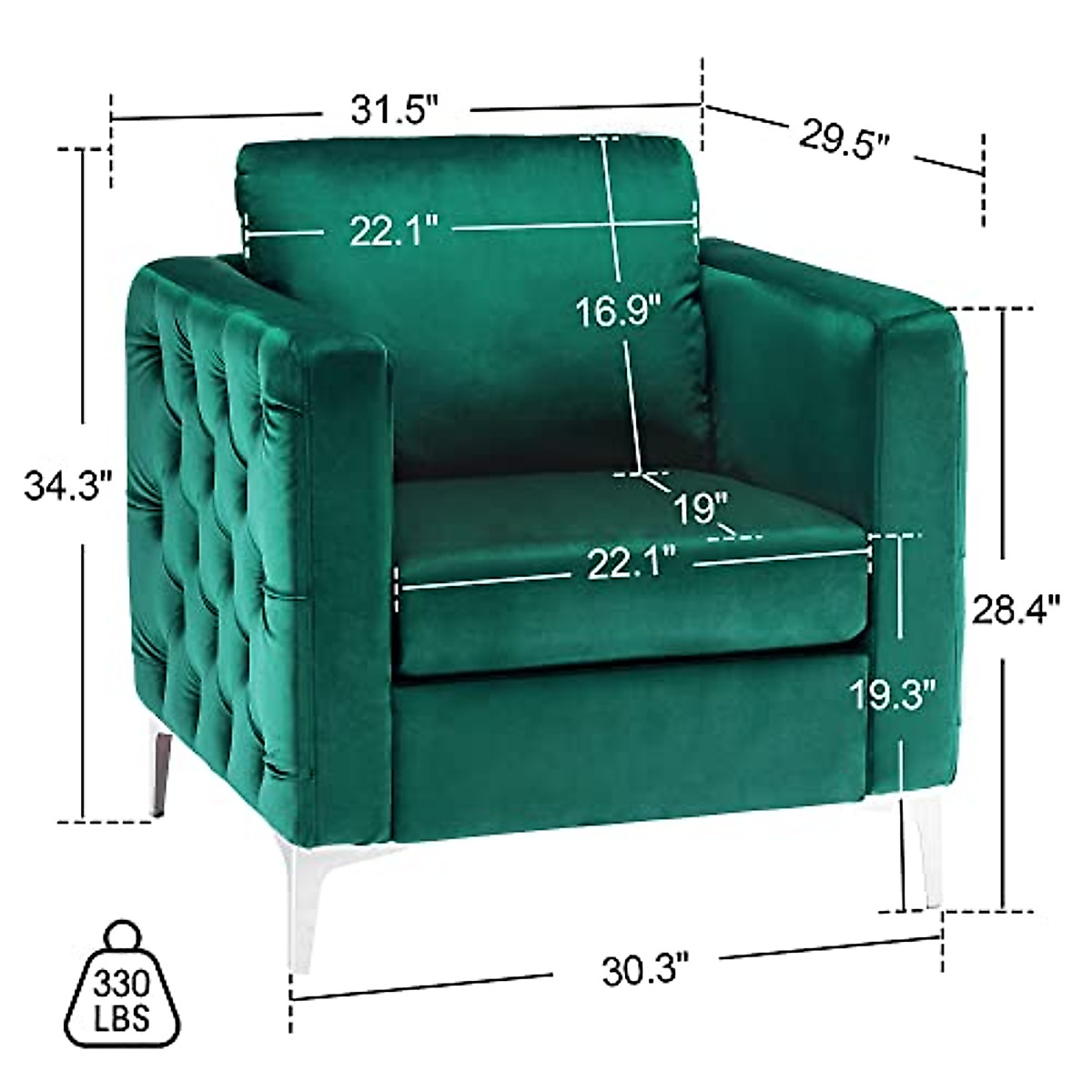 MCombo Living Room Accent Chairs, Velvet Club Chair, Single Sofa Chair with Upholstered Tufted Button, Silver Metal Legs, Modern Armchair for Bedroom 4066 (Green)