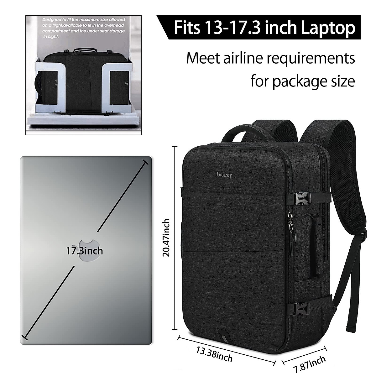 Travel Backpack for Men Women 17 Inch Flight Approved Carry on Backpack Waterproof Large 40L Luggage Daypack Business College School Weekender Overnight Laptop Backpack with 3 Packing Cubes, Black