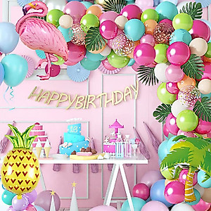 Tropical Balloons Arch Garland Kit Flamingo Pineapple Mylar Balloon Green Hot Pink Confetti Latex Balloons Palm Leaves for Hawaii Luau Aloha Flamingo Birthday Party Decorations Supplies