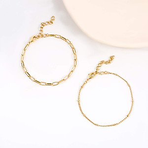 14K Gold Beaded Bracelets for Women,Dainty Gold Plated Chain Link Bracelet Stretchable Adjustable Bracelet(5PCS)……