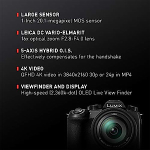 Panasonic LUMIX FZ1000 II 20.1MP Digital Camera, 16x 25-400mm LEICA DC Lens, 4K Video, Optical Image Stabilizer and 3.0-inch Display – Point and Shoot Camera - DC-FZ1000M2 (Black)