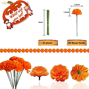 Gusaloo Marigold Flower Heads 50Pcs, Mexican Marigold Artificial Flowers for Day of The Dead Diwali Home DIY Garland Craft Wedding Mexican Party Decoration Halloween Dia De Los Muertos Decor(Orange)