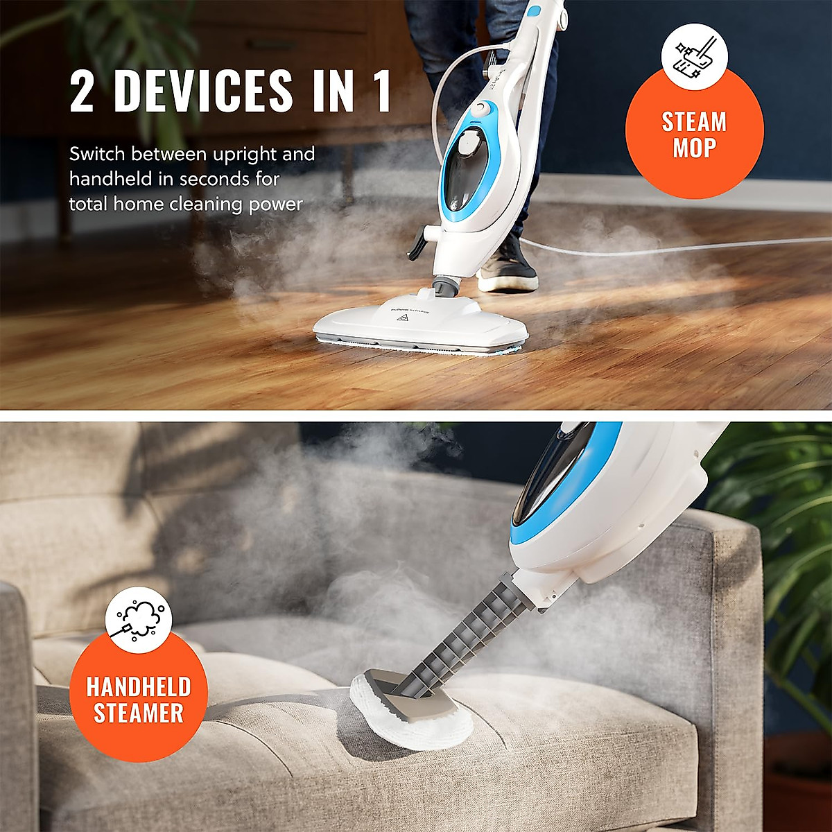 PurSteam Steam Mop Cleaner 10-in-1 with Convenient Detachable Handheld Unit, Laminate/Hardwood/Tiles/Carpet Kitchen - Garment - Clothes - Pet Friendly Steamer Whole House Multipurpose Use