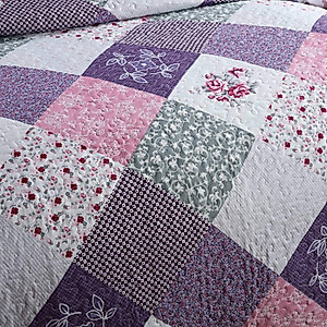 HoneiLife King Size Quilt Set - 3 Piece Microfiber Quilts Reversible Bedspreads Patchwork Coverlets Floral Bedding Set All Season Quilts-Purple Rose