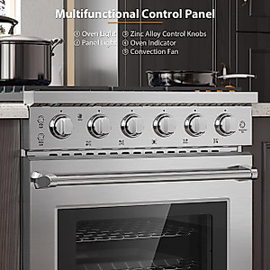 Empava Slide-in & Freestanding Gas Range Stove,4.55 Cu. Ft. Convection Oven Capacity with Mechanical Knobs Control-Heavy Duty Cast Iron Grates 5 Sealed Burners Cooktop, Stainless Steel,30 Inch