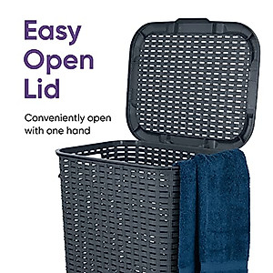 Plastic Laundry Hamper with Lid Laundry Hamper Basket, Grey 2 Pack Tall Cloths Hamper Organizer with Cut-out Handles. Space Saving for Laundry Room Bedroom Bathroom, Wicker Design 60 Liter
