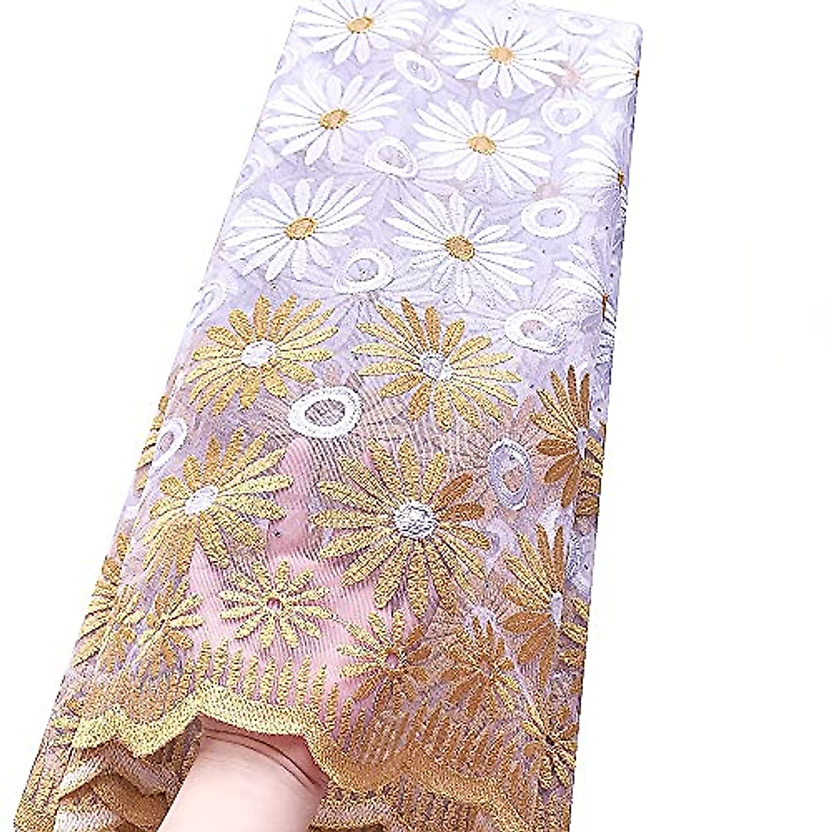 WorthSJLH French Lace Fabric 5 Yards White Gold Nigerian African Lace Fabric Materials Polyester Weddings Embroidered Lace Fabric Swiss Lace for Women Dress SJ002