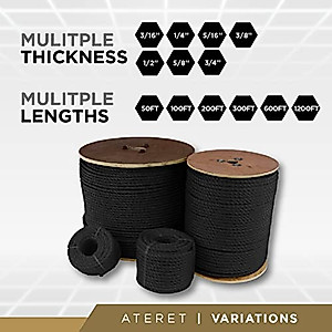 ATERET Twisted 3-Strand Black Polypropylene Rope Monofilament I 1" x 100 Feet I 12,825 lbs. Tensile Strength I Lightweight & Heavy-Duty Synthetic Cord for DIY Projects, Marine, Commercial Use