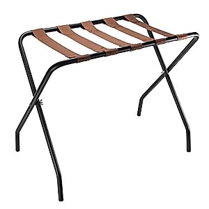 OFIDELITY Luggage Rack 1 Pack, Folding Metal Suitcase Stand Shelf with Brown Nylon Straps and Steel Frame, Guest Room, Hotel, Bedroom, Closet Essentials , Holds up to 100 lb (Black)
