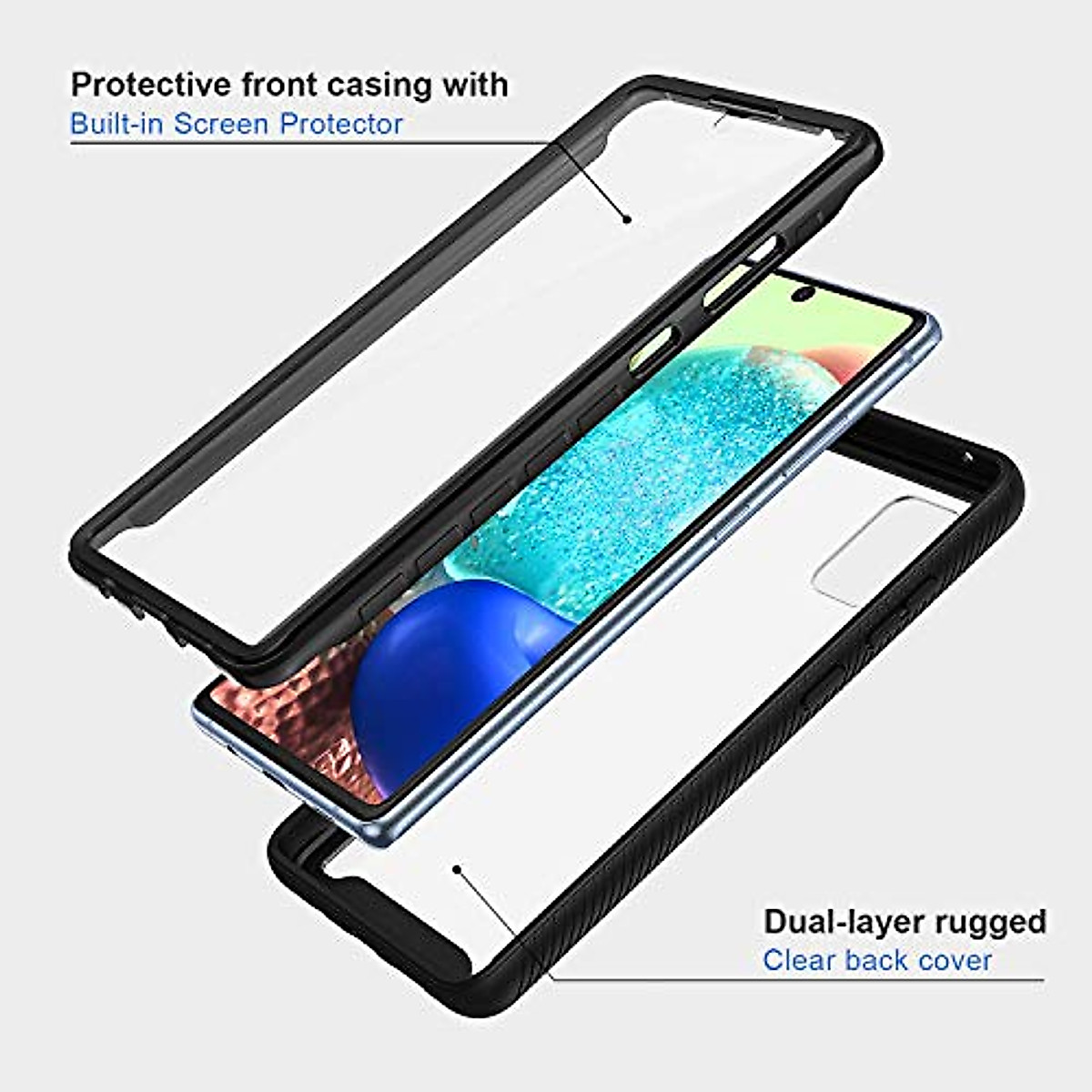 seacosmo Case for Samsung A71 5G, Full Body Shockproof Cover with Built-in Screen Protector, Slim Bumper Protective Phone Case for Galaxy A71 5G - Black/Clear