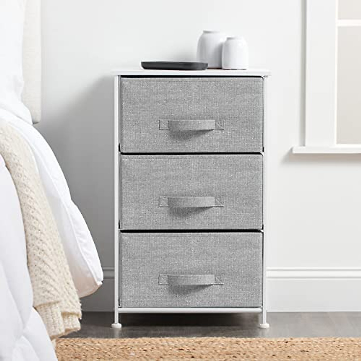 mDesign Steel Top and Frame Storage Dresser Tower Unit with 3 Removable Fabric Drawers for Bedroom, Living Room, or Bathroom - Holds Clothes, Accessories, Lido Collection - Gray