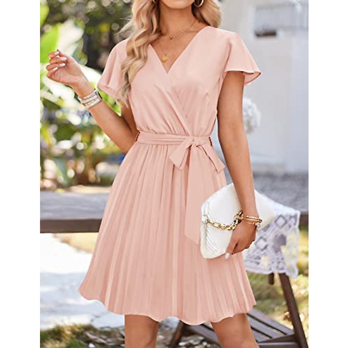 ZESICA Women's Wrap V Neck Mini Dress 2023 Summer Flutter Sleeve Tie Waist Pleated A Line Swing Wedding Party Short Dresses,LightPink,Large