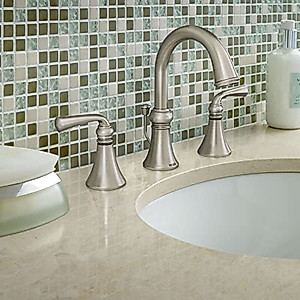 Moen Wetherly Spot Resist Brushed Nickel Two-Handle Widespread Bathroom Faucet with Valve Included, Bathroom Faucets for Sink 3-hole Deck Mounted Setup, WS84855SRN, ‎4.63 x 14 x 7.94 inches