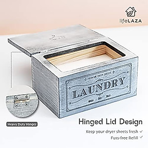 LifeLAZA Dryer Sheet Dispenser with Hinged Lid, Wooden Dryer Sheet Holder for Fabric Softener Sheets, Farmhouse Rustic Container Storage Box for Laundry Room Decor (Grayish-White)