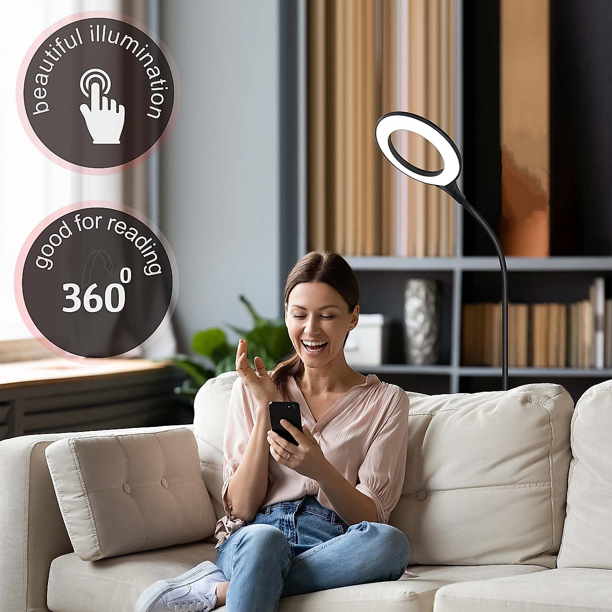 Bright Floor Lamp for Office, Reading and Bedrooms. LED Floor Lamp for Lash Light for Eyelash Extensions, Makeup & Nail Spa. Gooseneck Standing Lamp (Black)