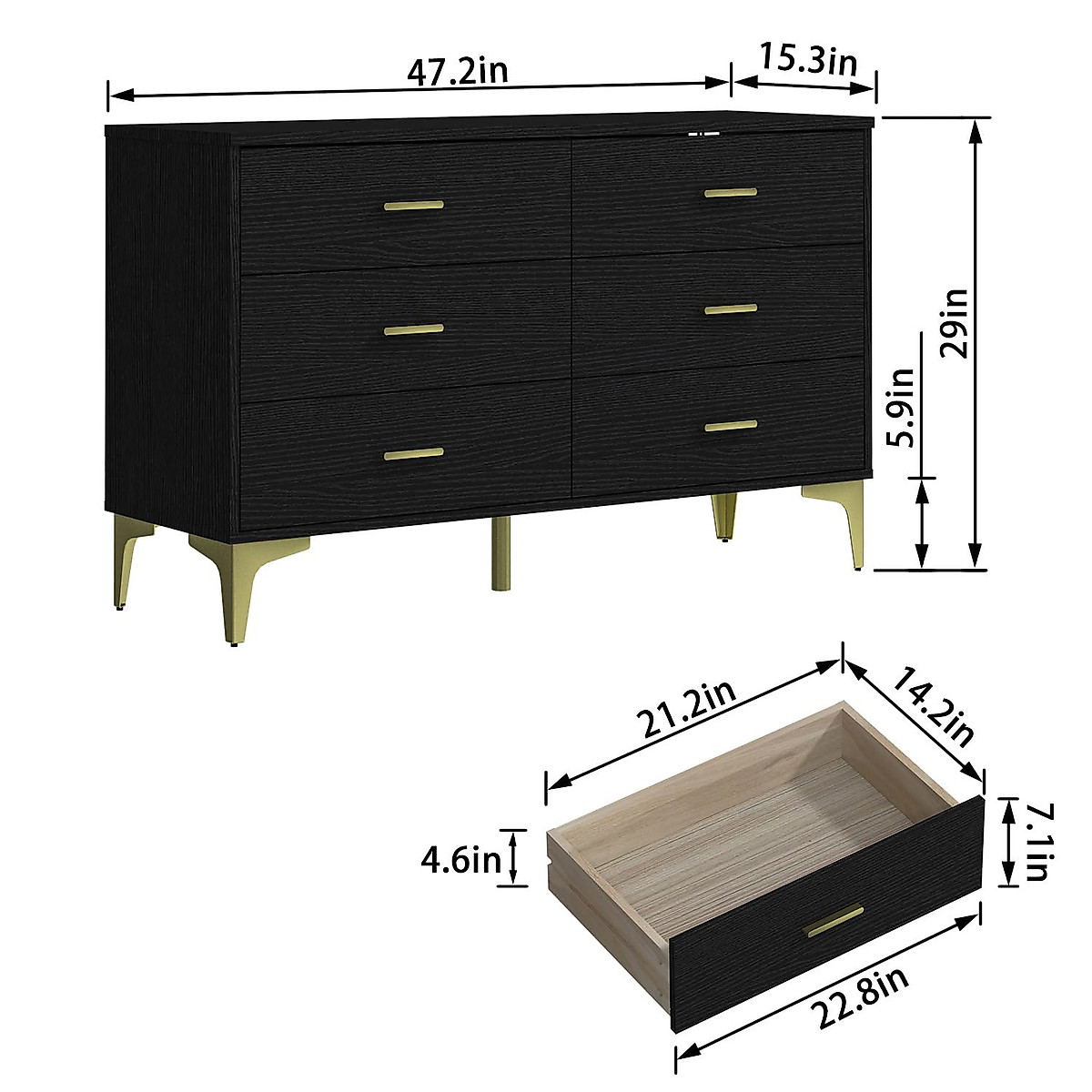 Modern 6 Drawer Wood Dresser, Wood Lateral Chest of Drawers Storage Organizer with Wide Drawers & Metal Gold Handles for Bedroom, Living Room, Hallway, Entryway