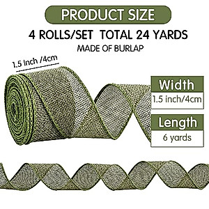 TONIFUL 1.5 Inch 4 Rolls Set Fall Ribbons Orange, Dark Red, Grass Green, Brown Burlap Wired Ribbons, for Thanksgiving Fall Wreath Home Decor Tree Topper Bow Decorations (6 yds/roll)