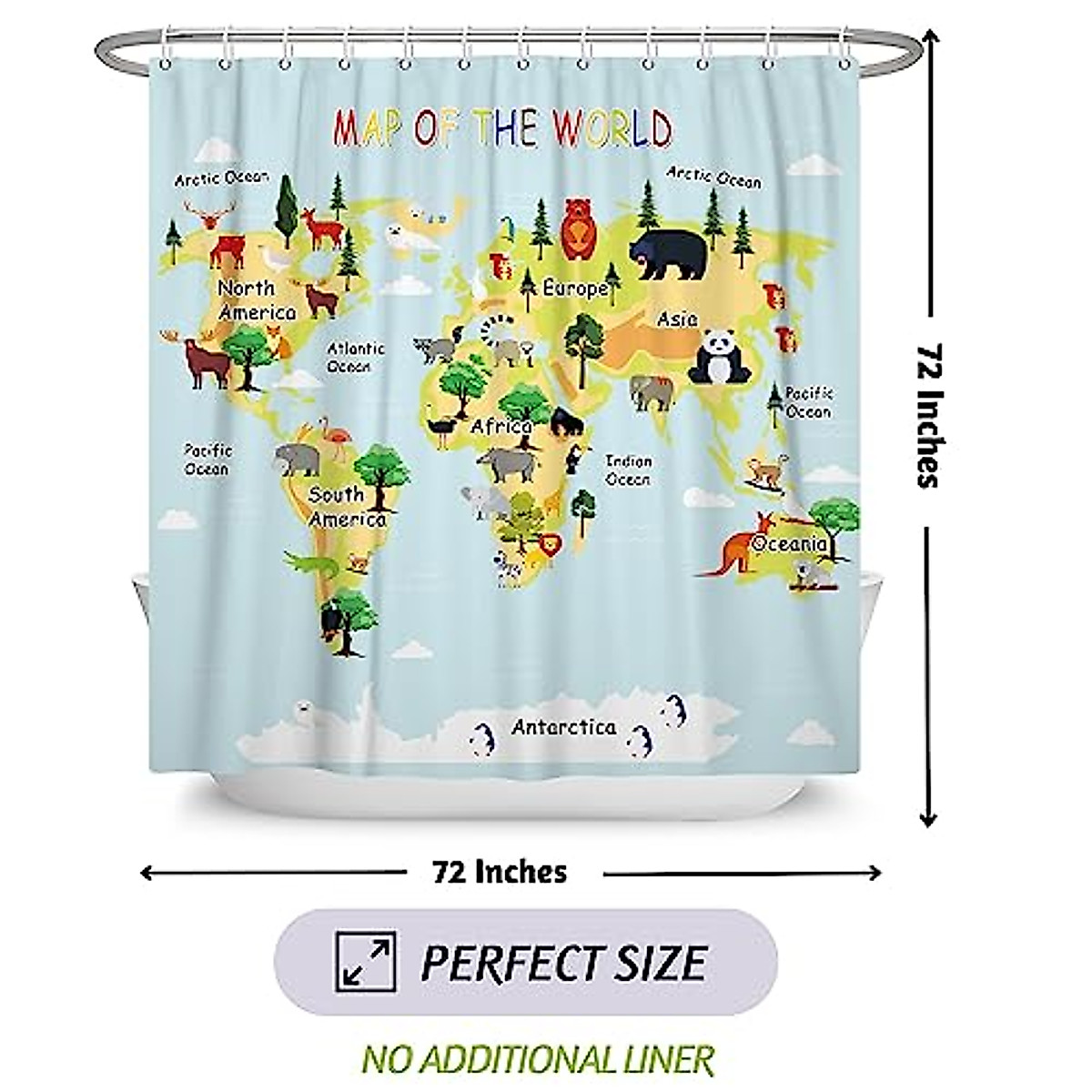 Animal World Map Children's Shower Curtain Fun Cartoon Educational Tools Plants Marine Waterproof Fabric Bathroom 72 X 72 Inches with Hooks…