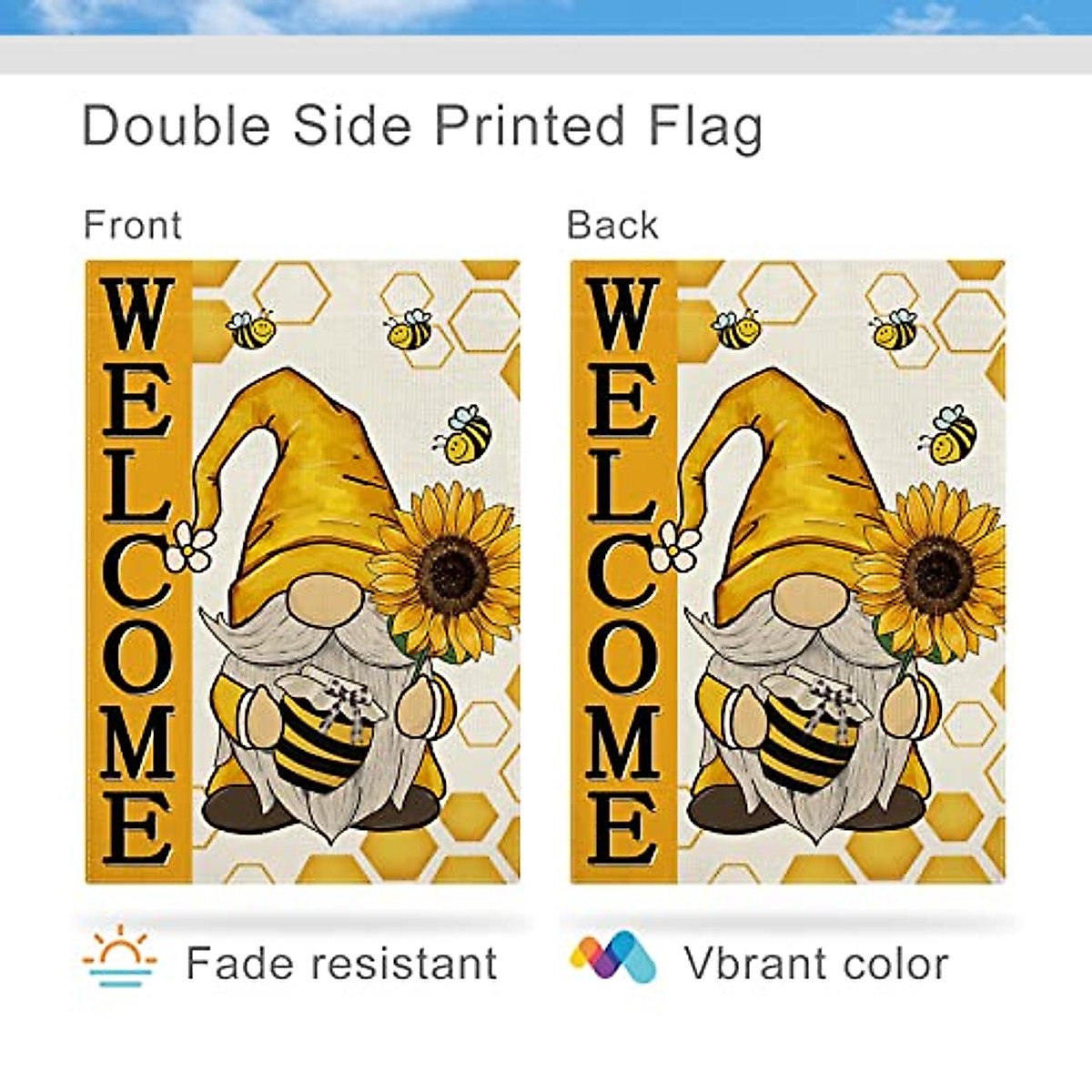 CMEGKE Gnome Welcome Garden Flag, Sunflower Garden Flag, Gnome with Sunflowers Bee Yard Flag Spring Summer Vertical Double Sided Burlap Party Holiday Yard Home Farmhouse Outside Decor 12.5 x 18 In