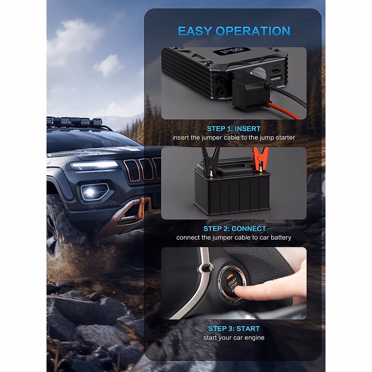 LATIT 2000A Peak Car Jump Starter, 20000mAh 12V Booster Pack Jump Starter for Up to 7.5L Gas/6.5L Diesel Engine, Powerful Jump Starter Battery Pack with Smart Jumper Cable, LED Light and LCD Display