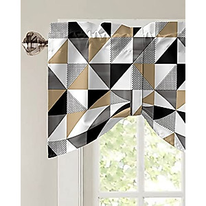 Kitchen Curtains, Simple Black and White Gold Triangle Pattern Valances for Windows, Short Curtains Rod Pocket Bathroom Curtains Window, Kitchen Window Curtains Over Sink, 54x18in Valances for Kitchen