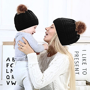 2PCS Parent-Child Hat Warmer, Mother & Baby Daughter/Son Winter Warm Knit Hat Family Crochet Beanie Ski Cap Black