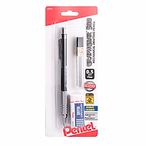 Pentel Graph Gear 500 Automatic Drafting Pencil with Lead and Mini Eraser, 0.5 mm (PG525LEBP),Black,1 Pack w/ Lead & Eraser