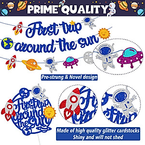 59 PCS First Trip Around The Sun Birthday Decoration First Outer Space Birthday Banner One Year Old Cake Topper Balloon Astronaut Universe Star Plant Rocket Solar System Theme Party Supplies