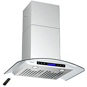 EKON KITCHEN NAP03-30 inch Wall Mounted Stainless Steel & Curved Glass Kitchen Range Hood 900 CFM / 4 Speeds Touch Control With Remote & LCD Display / 2 Pcs 3W Led Lamp / 2 Pcs Baffle Filters