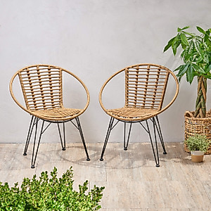 GDFStudio Outdoor Wicker Dining Chairs (Set of 2), Light Brown and Black