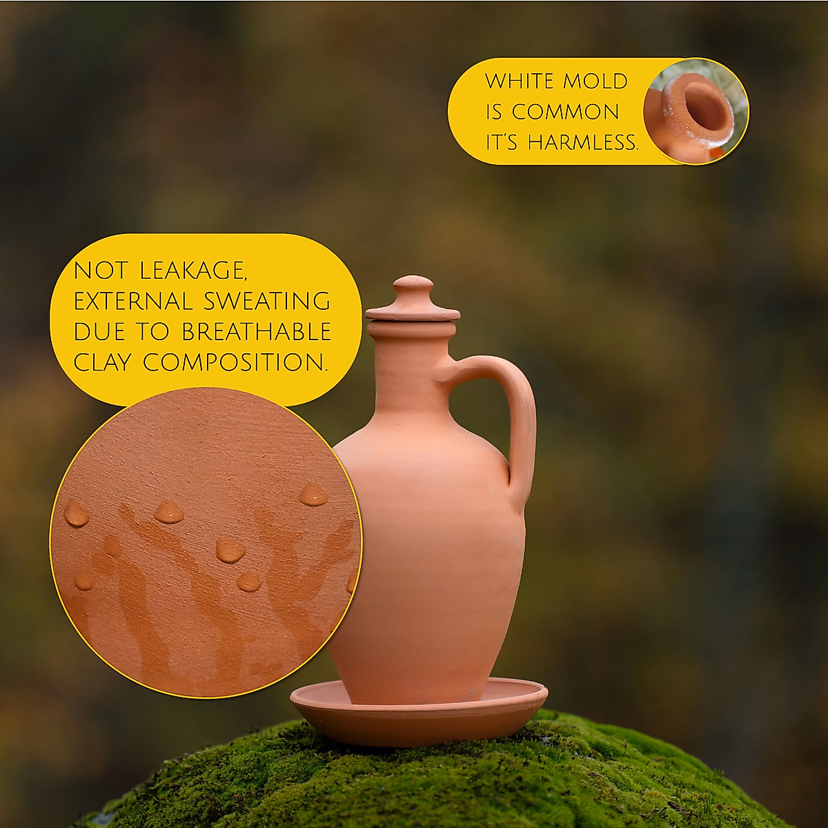 Hakan Anadolu Natural Clay Water Pitcher Set | Unglazed Terracotta Water Carafe & Plate | Traditional Small Mud Jug | Pottery Jar for Drinking Water | Small | 1.6 qts