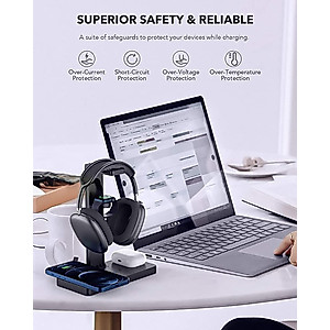 Headphone Stand Headset Holder with Wireless Charger, 4 in 1 Fast Wireless Charging Station for Apple Watch,Air Pods Pro/2, iPhone13/12/11/X, Earphone Hanger with 2 USB-C Ports for Desktop Gamer Room