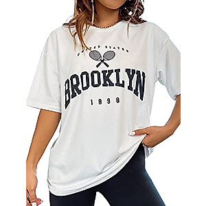 Verdusa Women's Casual Crewneck Short Sleeve Letter Graphic Drop Shoulder Oversized Tee T Shirt White S