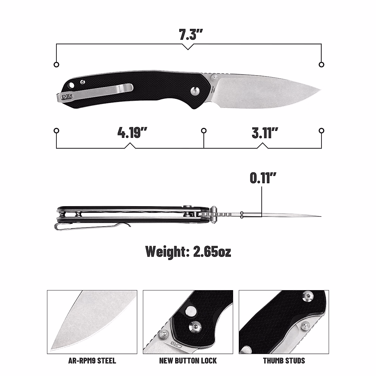 CJRB Folding Knife Pyrite (J1925) AR-RPM9 Blade and G10 Handle EDC Pocket Knife with Clip Black