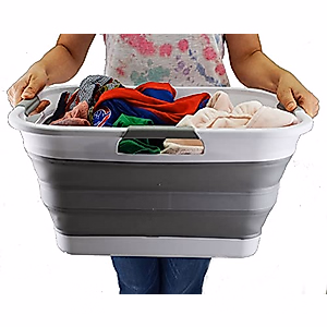 SAMMART 30L (8 gallon) Collapsible Plastic Laundry Basket - Foldable Pop Up Storage Container/Organizer - Portable Washing Tub - Space Saving Hamper/Basket - Water Capacity 24L(6.3 gallon) (1, White/Grey)