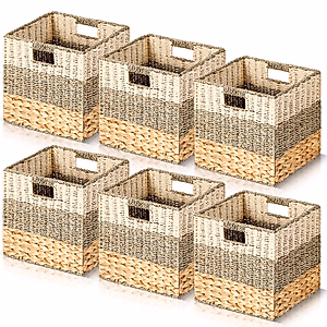6 Pack Natural Wicker Storage Cubes Baskets 12 x 12 Wicker Basket Laundry Organizer for Cube Shelf, Foldable Square Baskets with Built in Handles for Shelves Decor Inserts