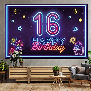 Neon Happy 16 Birthday Banner Backdrop Disco Dance Neon Glow Theme Decor Decorations for Let’s Glow Party Boys Girls Women Men Sweet 16 16th Birthday Party Supplies Glitter