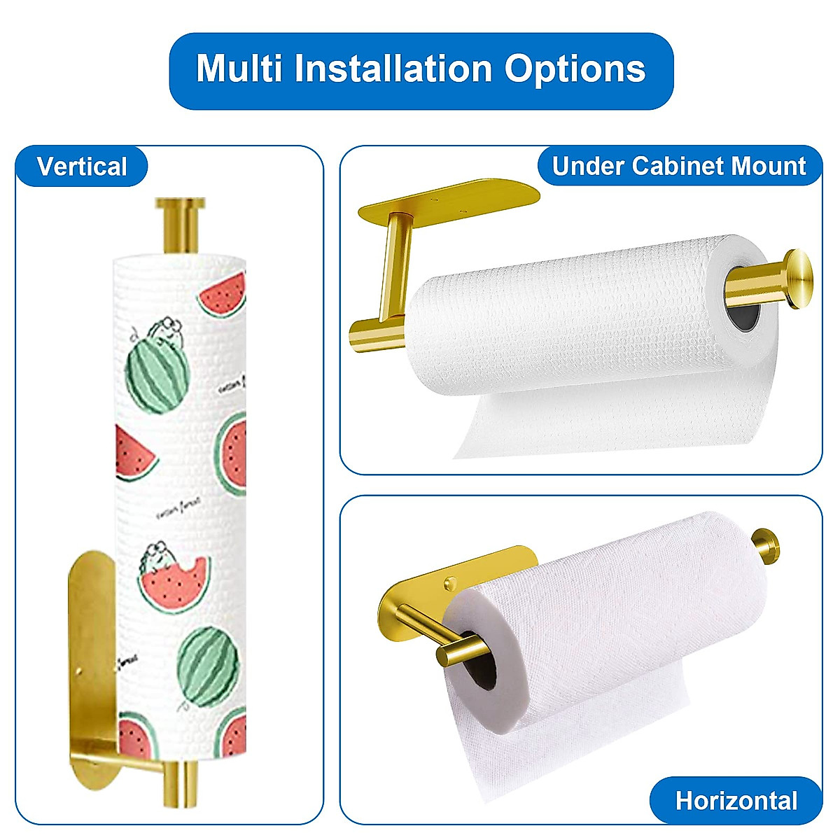 Paper Towel Holder Under Cabinet and Counter, Paper Towels Rolls - for Kitchen, Stainless Steel Paper Towels Bulk- Self Adhesive Wall Mount Both Available in Adhesive and Screws (Gold)