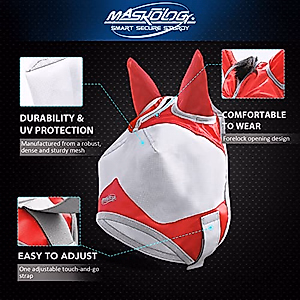 Maskology Horse Fly Mask Standard with Ears UV Protection for Horse Red XL