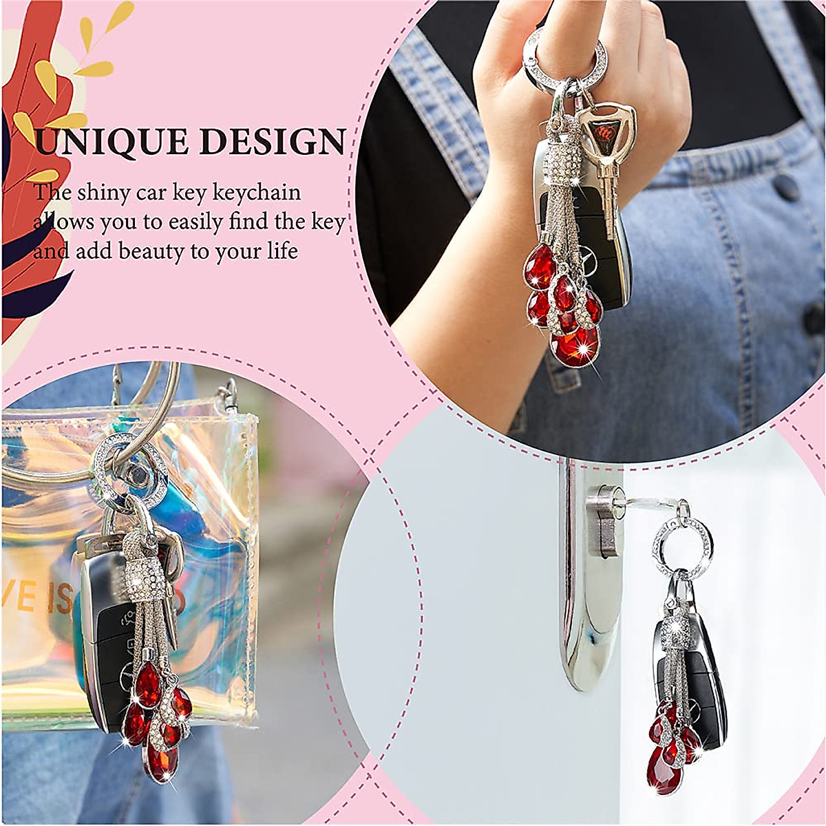Bling Crystal Car Keychain for Women, Keychain Accessories With Rhinestones, Fashionable Car Key Chain for Car Keys Fit BMW Honda Audi Lexus Ford Mercedes Benz Nissan Cadillac Toyota (2 Red)