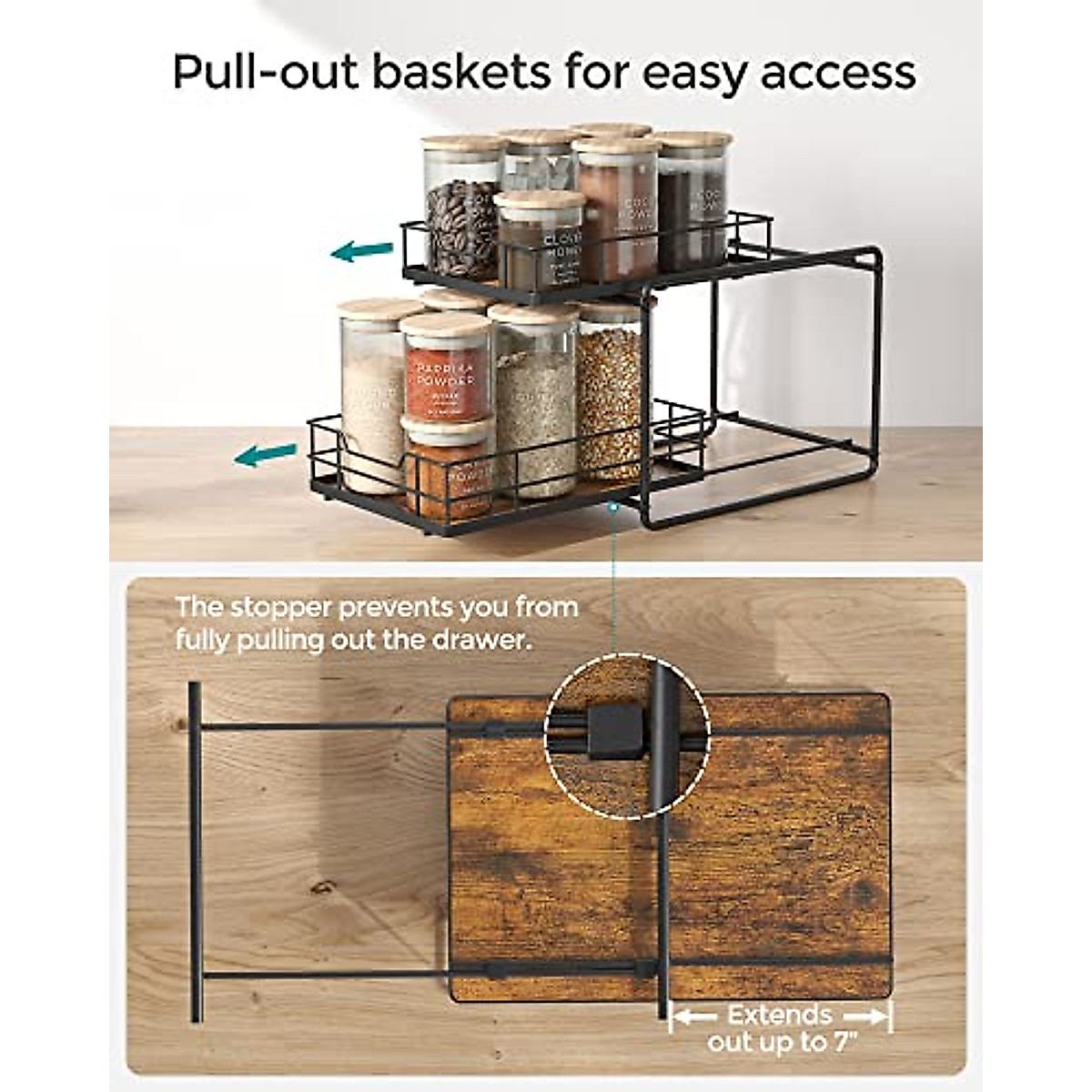 SONGMICS Spice Rack Organizer, Countertop Organizer for Bathroom Kitchen, 2 Tier Space-Saving Counter Shelf with Slide Out Basket Drawers, 14.6 x 11 x 12.6 Inches, Rustic Brown and Black