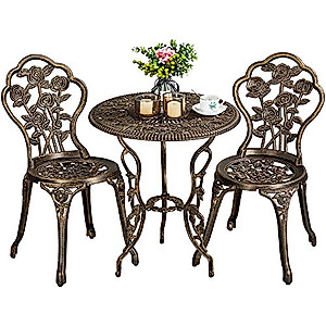 Yaheetech 3-Piece Outdoor Bistro Set w/Rose Design, Rust-Resistant Cast Aluminum Table and Chairs w/Umbrella Hole for Balcony Backyard Garden